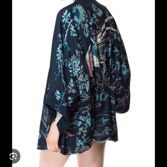 Jackets & Coats | Zara Kimono Duster Navy Blue With Japanese Print ...